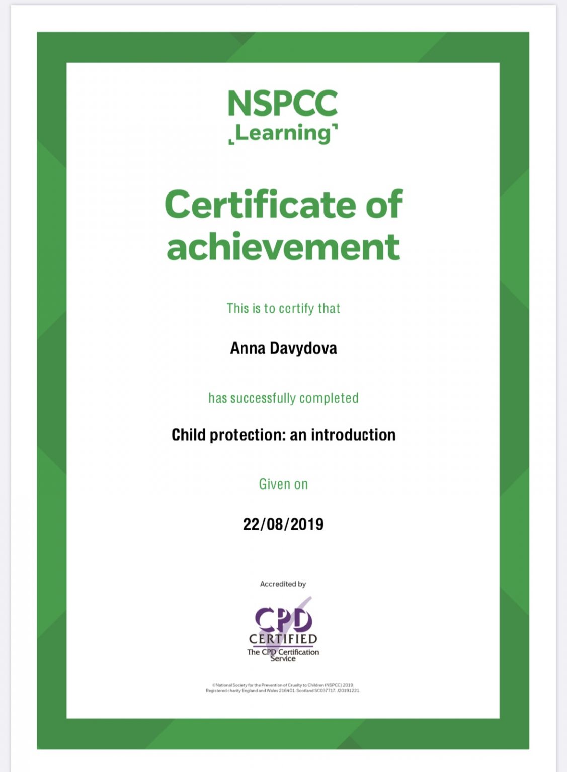 NSPCC CERTIFICATE – Anna Davydova Dance School